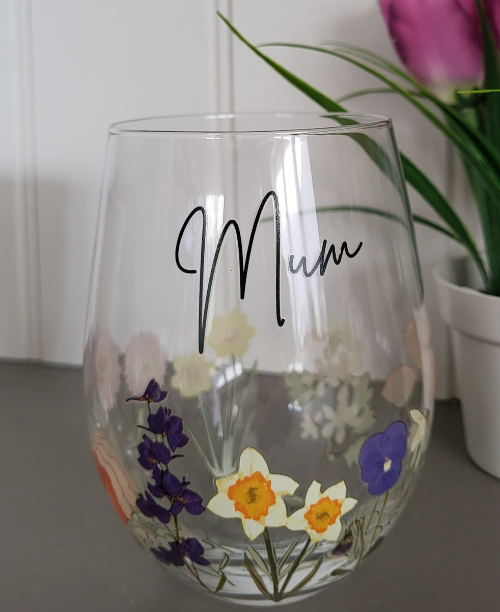 Floral Stemless Mum Wine Glass – EllieGrey